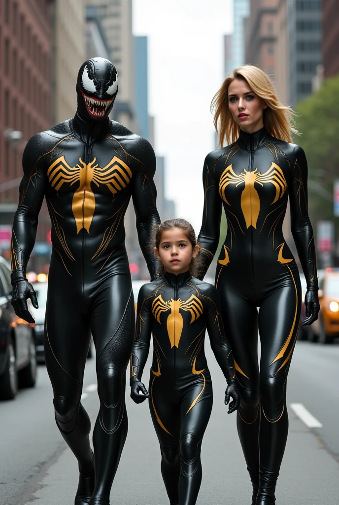 A man wearing a black gold venom costume and a 7-year-old girl - SeaArt AI