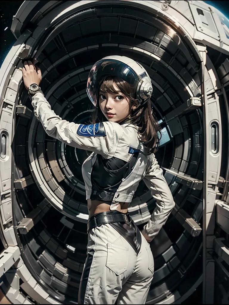 high definition , high face detail , A girl astronaut in a bright ...