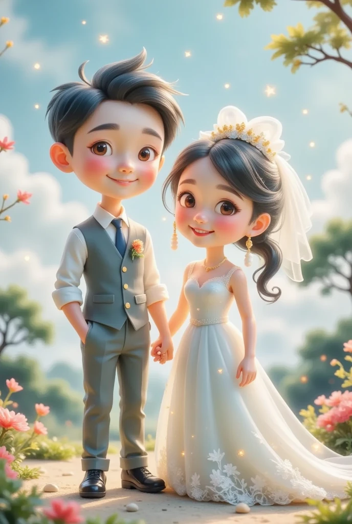 Bride wearing white wedding dress with side panels , Groom is taller ...