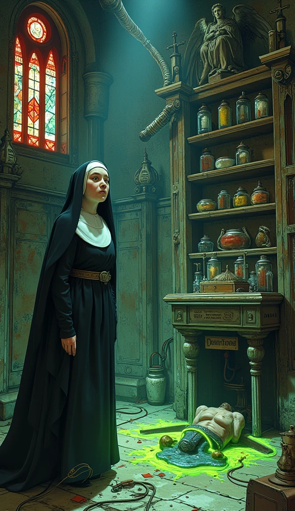 An old nunnery, a nun smiling suspiciously, a surrealistic painting of ...