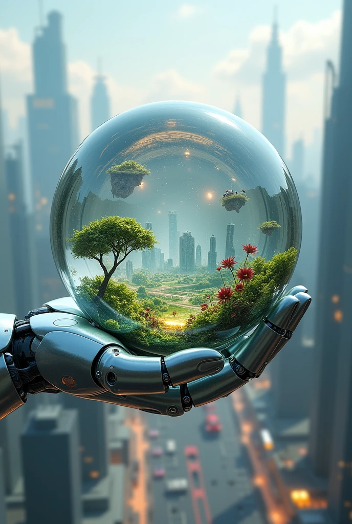 A robot hand holding a ball and there should be a fantasyland inside ...