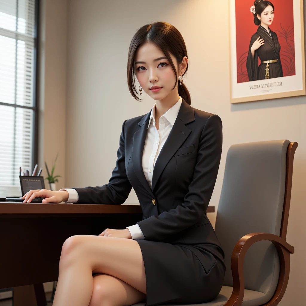 A woman in a business suit sitting in a chair, japanese model - SeaArt AI