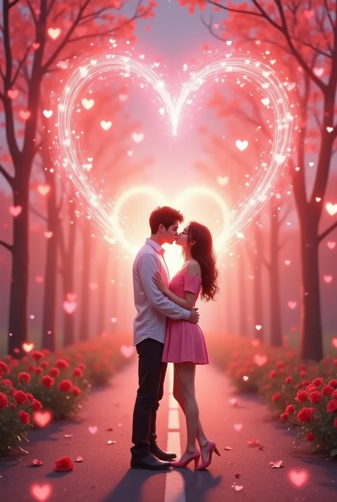 A heart-shaped light stands in the middle of the road, girl in love ...