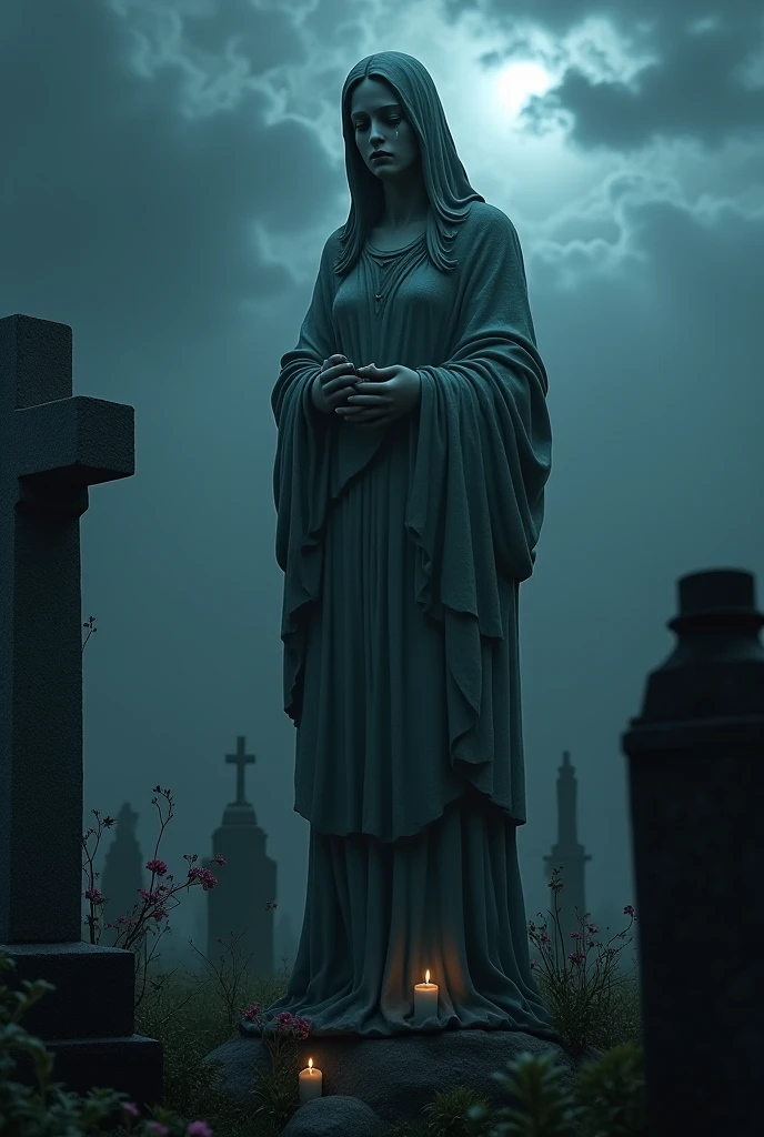 A statue crying in the graveyard in night - SeaArt AI