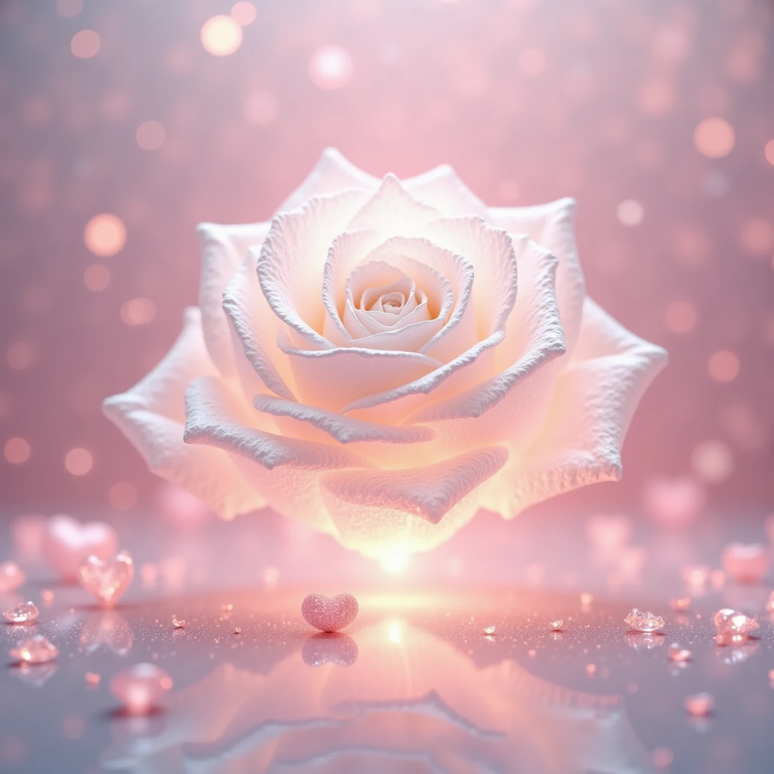 A meticulously carved white crystal rose floats at the center - SeaArt AI