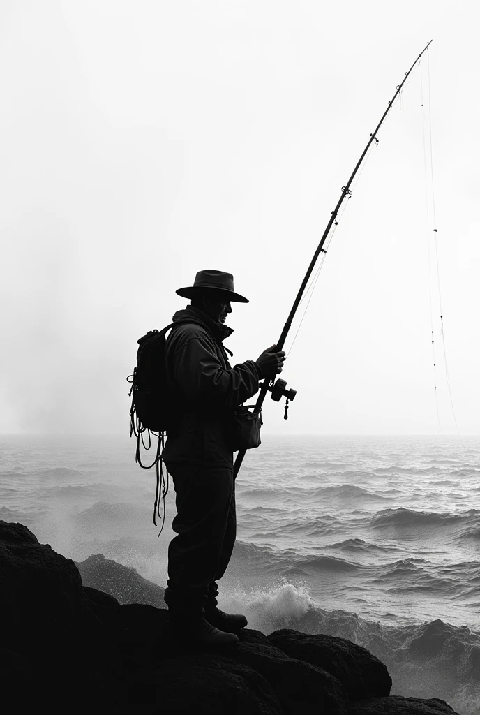 Black and white shadow of Fisherman at sea with his fishing pole ultra ...