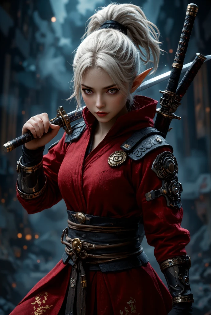real 、Female Elf Ninja、 with silver hair tied together at a high ...