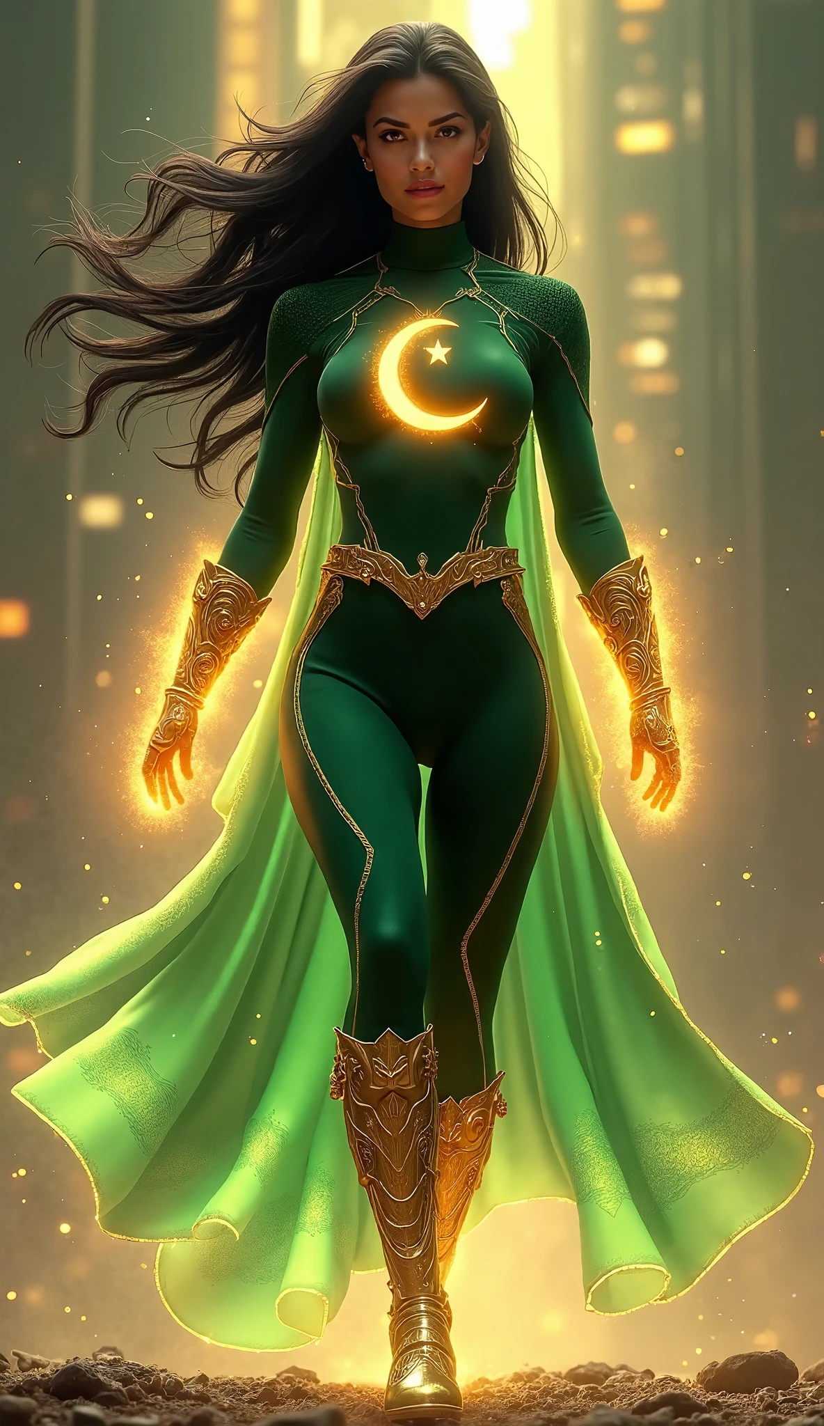 A woman in a green costume and a green cape is walking through a city ...