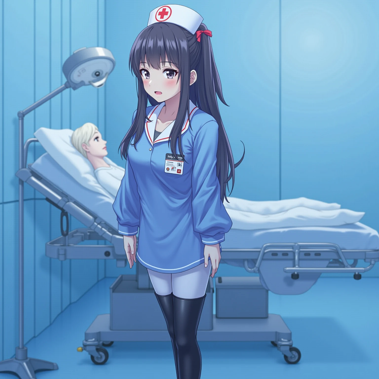 An anime nurse in a blue latex dress and white pants black lacquer over ...