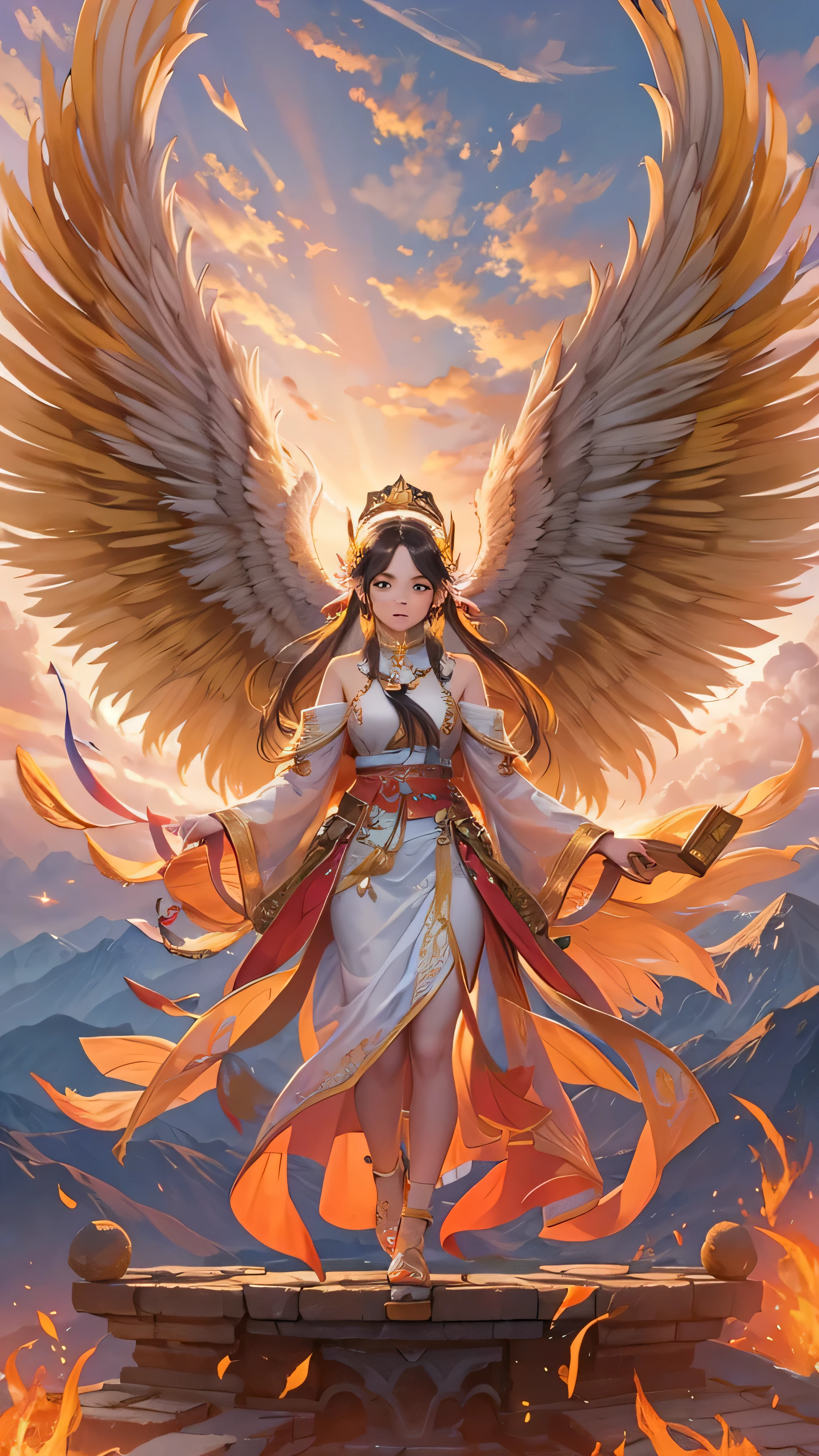 Anime angel with wings standing on a platform in front of a mountain ...