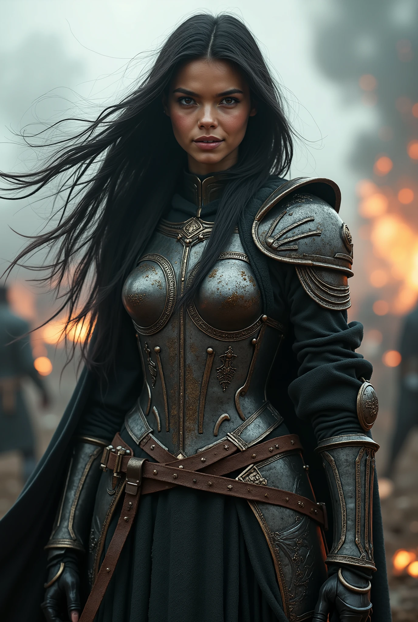 Viking girl smiles with black hair gorgeous slim in an ancient suit ...