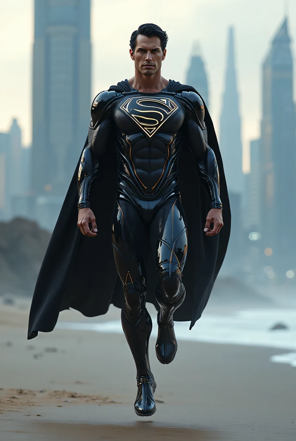 Superman running on the beach with city in the background - SeaArt AI