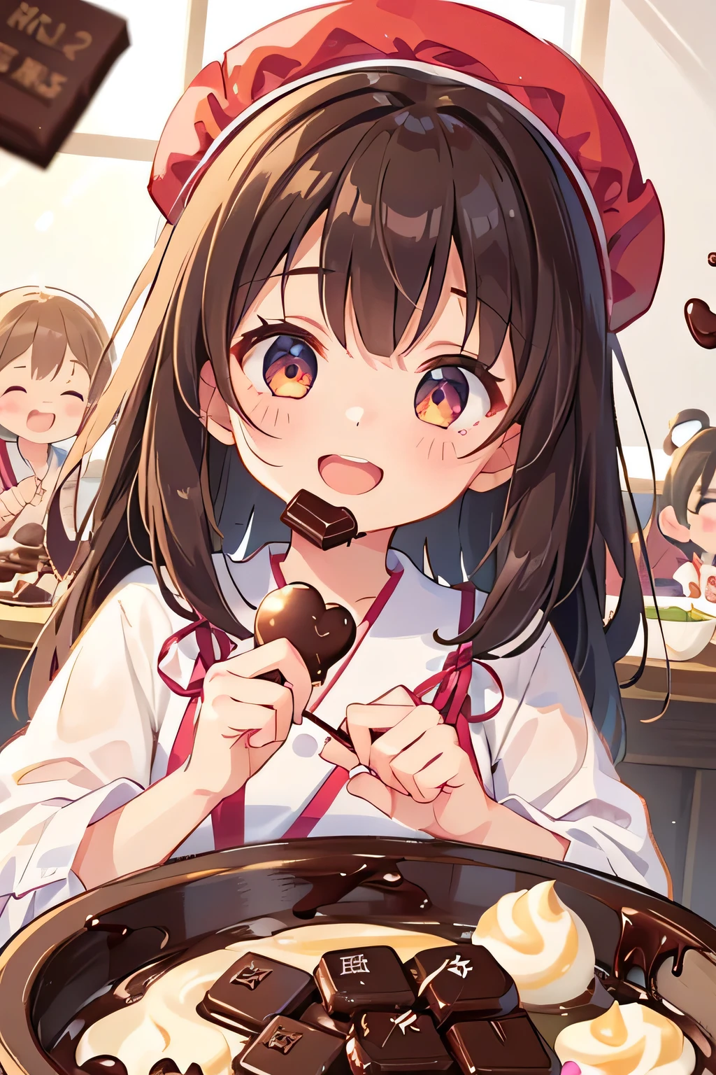 Anime girl eating chocolate with a spoon in front of her - SeaArt AI