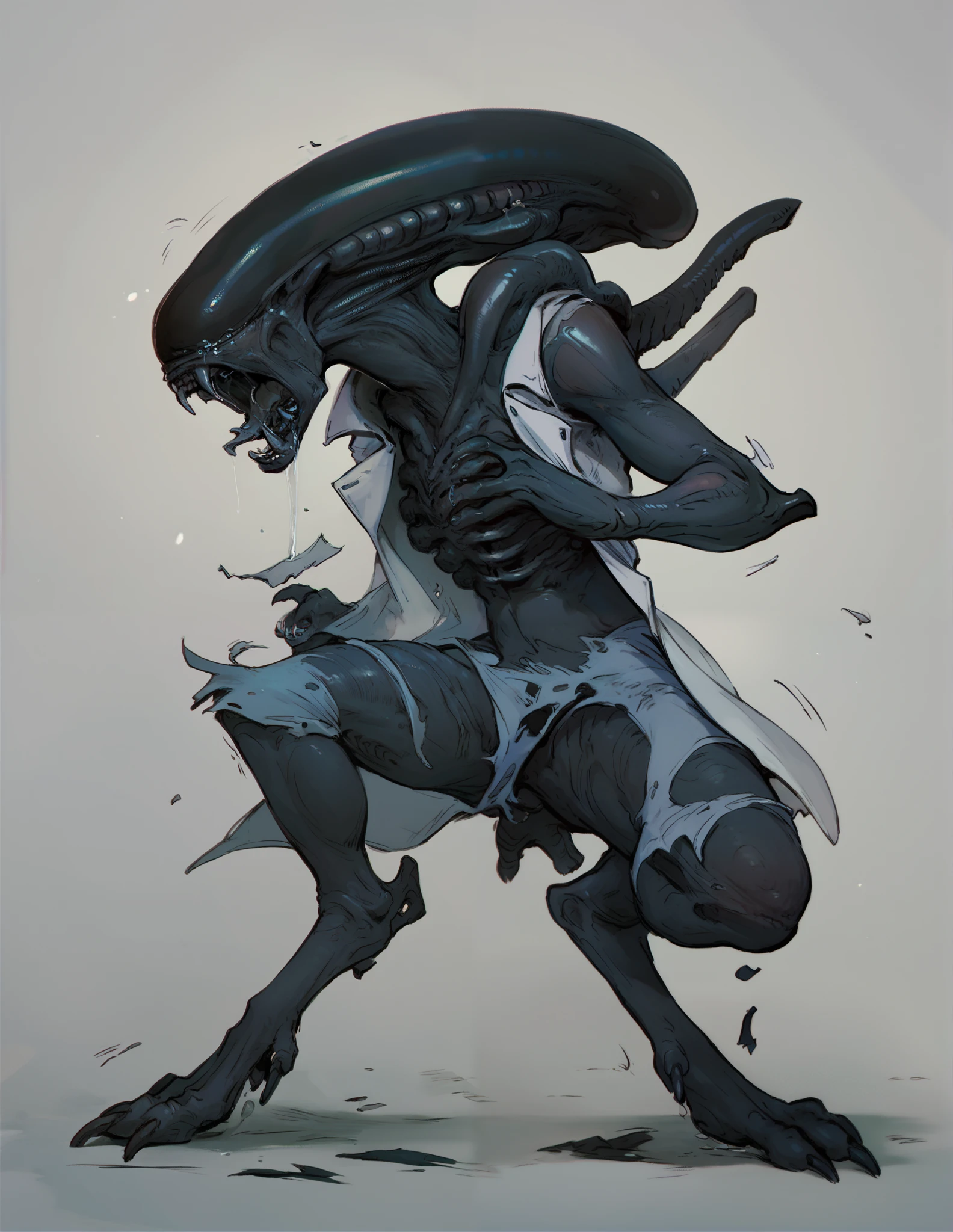 A girl its turning into an alien, wearing lab coat, ripped clothes ...