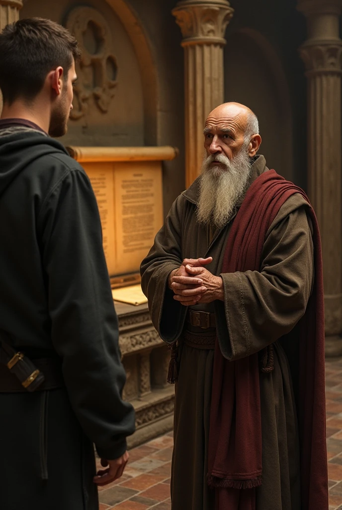 The elderly monk, with a serious expression, speaks to the young man in ...