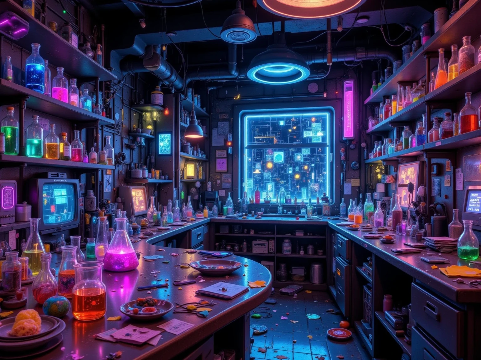 A wide-angle shot of a secret cyberpunk laboratory, featuring a ...