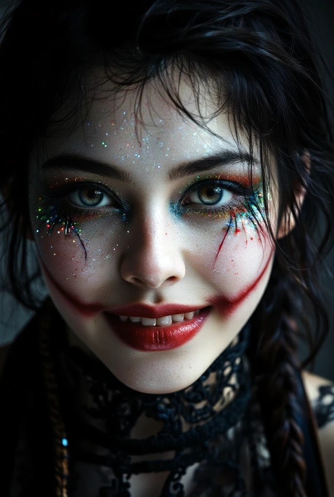 A close-up of the young Joker's face, illuminated by a single spotlight ...