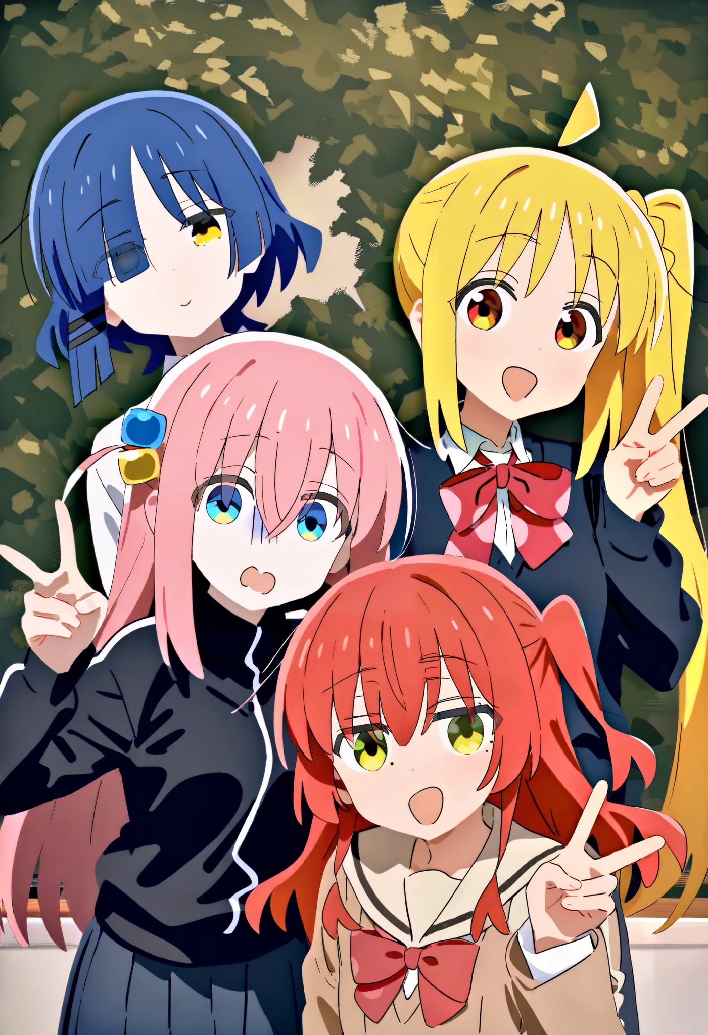 Anime characters posing for a picture in front of a tree（gotoh hitori ...