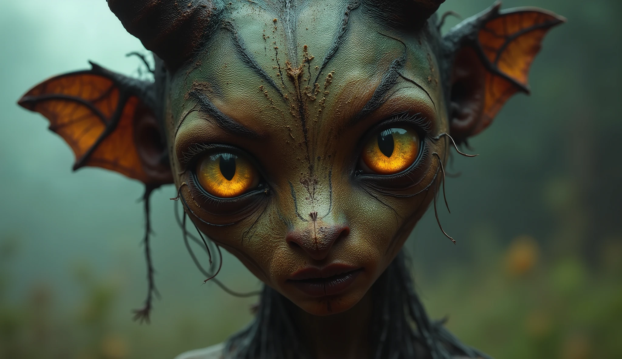 There is a close up of a creepy creature with yellow eyes - SeaArt AI