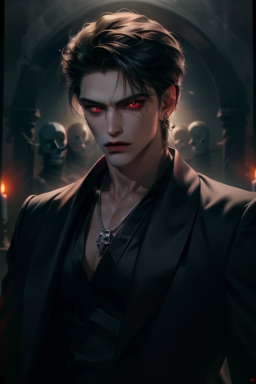 Boy, handsome face, black hair, glowing red eyes, cold gaze, wearing ...