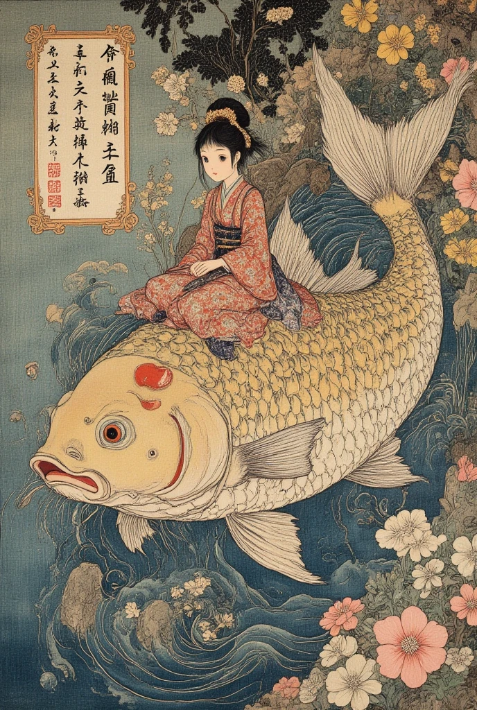 A huge stylized carp with detailed scales and large eyes, swimming in ...