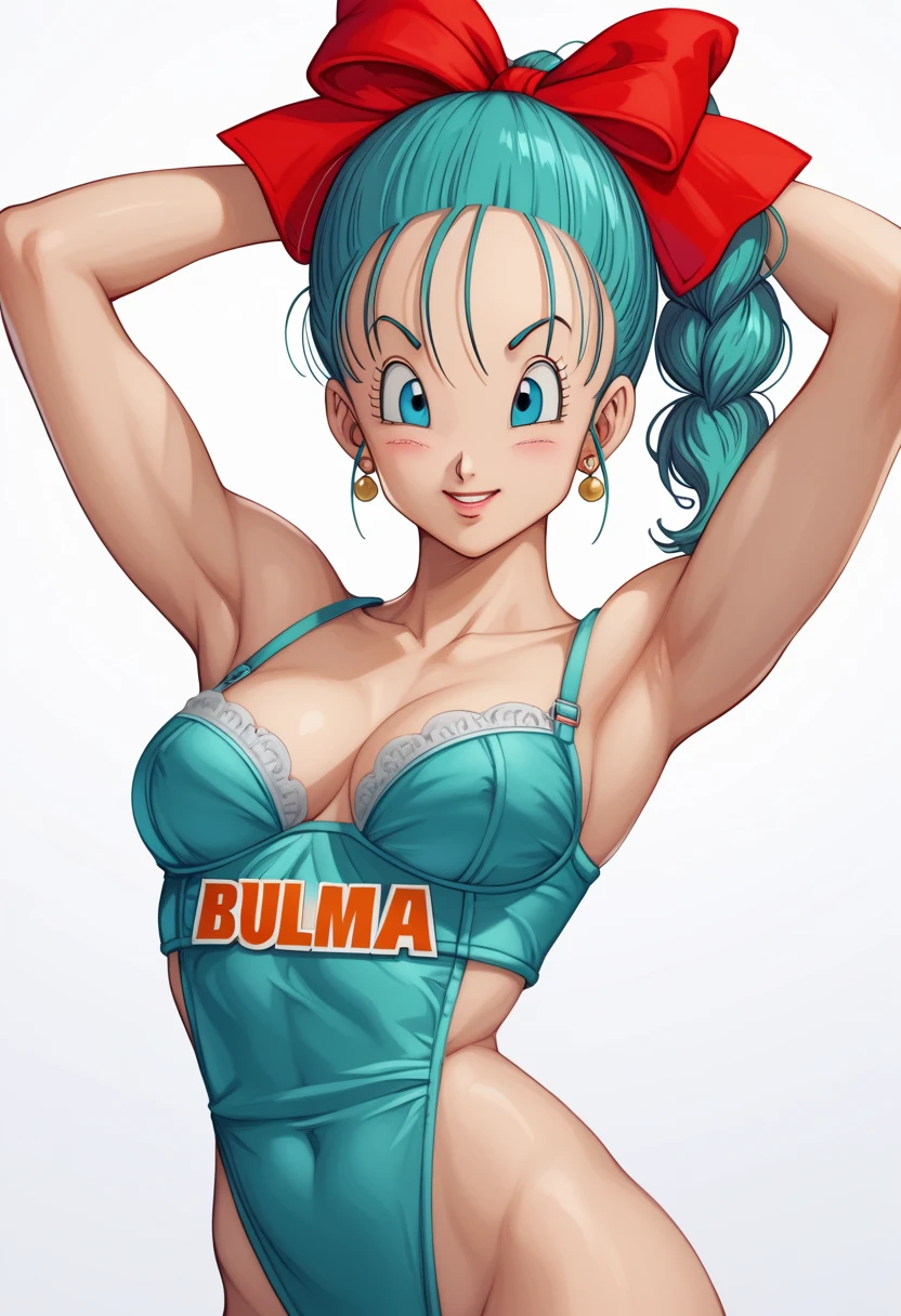 Bulma dragon ball, tilted forward, full body, naughty face, pose sensual - SeaArt AI