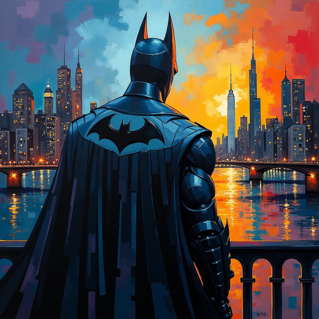 Cubist oil artwork with bright colors of Batman from behind watching ...