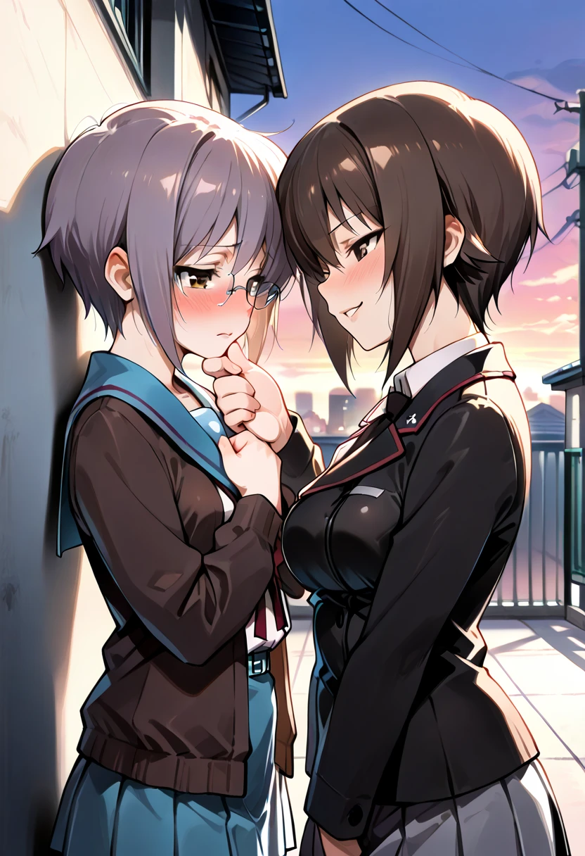 (傑作,最高品質:1.2),2人の美しい女の子,屋上,イブニング,(Nagato Yuki,グラス,胸の前で愛の手紙を握りしめて - SeaArt AI