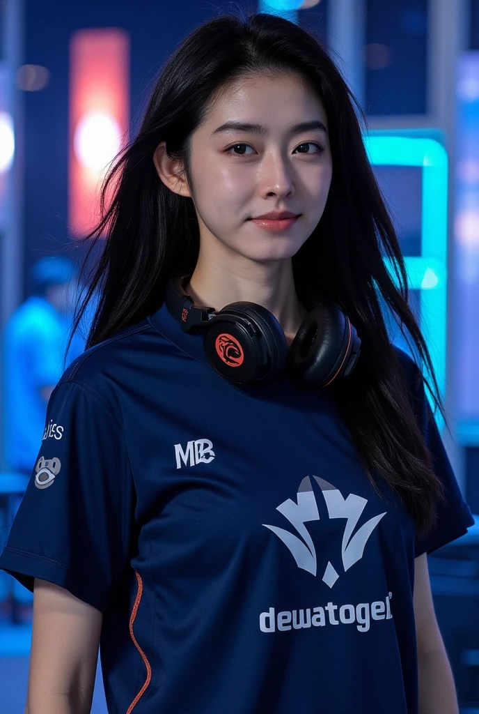 A asian girl Pubg player ,long hair, standing forward, wearing DEWATOGEL ESPORTS - SeaArt AI