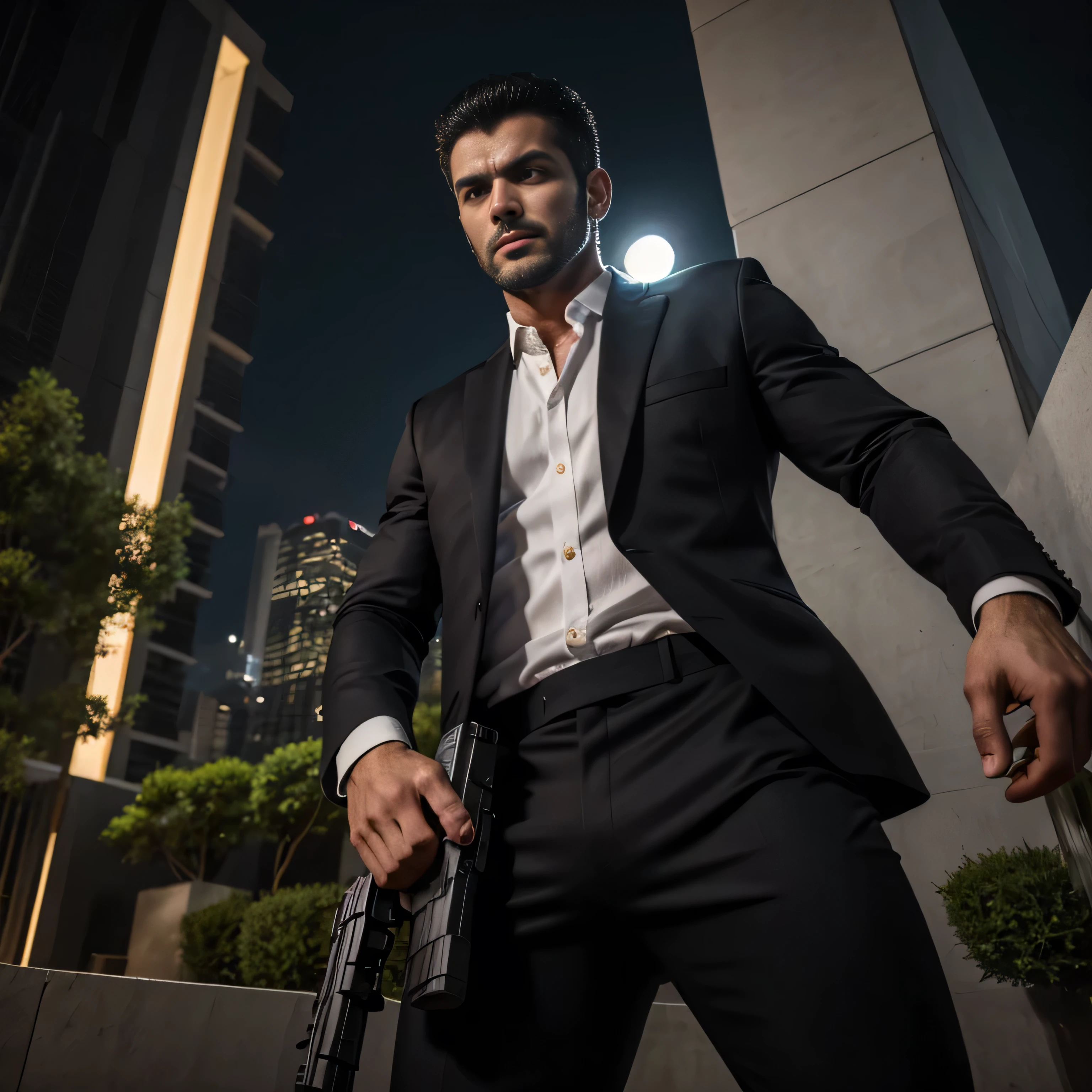 Arafed man in a suit holding a gun in a city - SeaArt AI