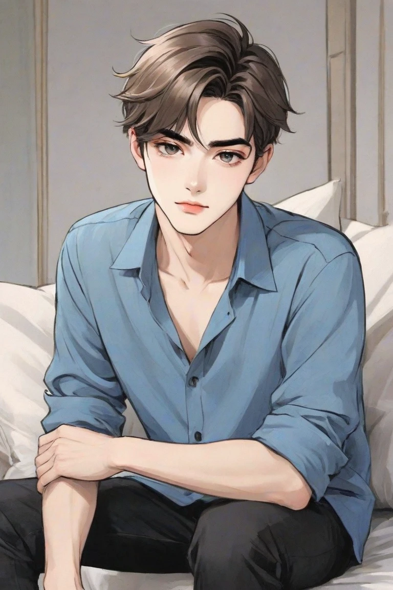 The fiction boy is so handsome. He has short brown hair and thin lips ...