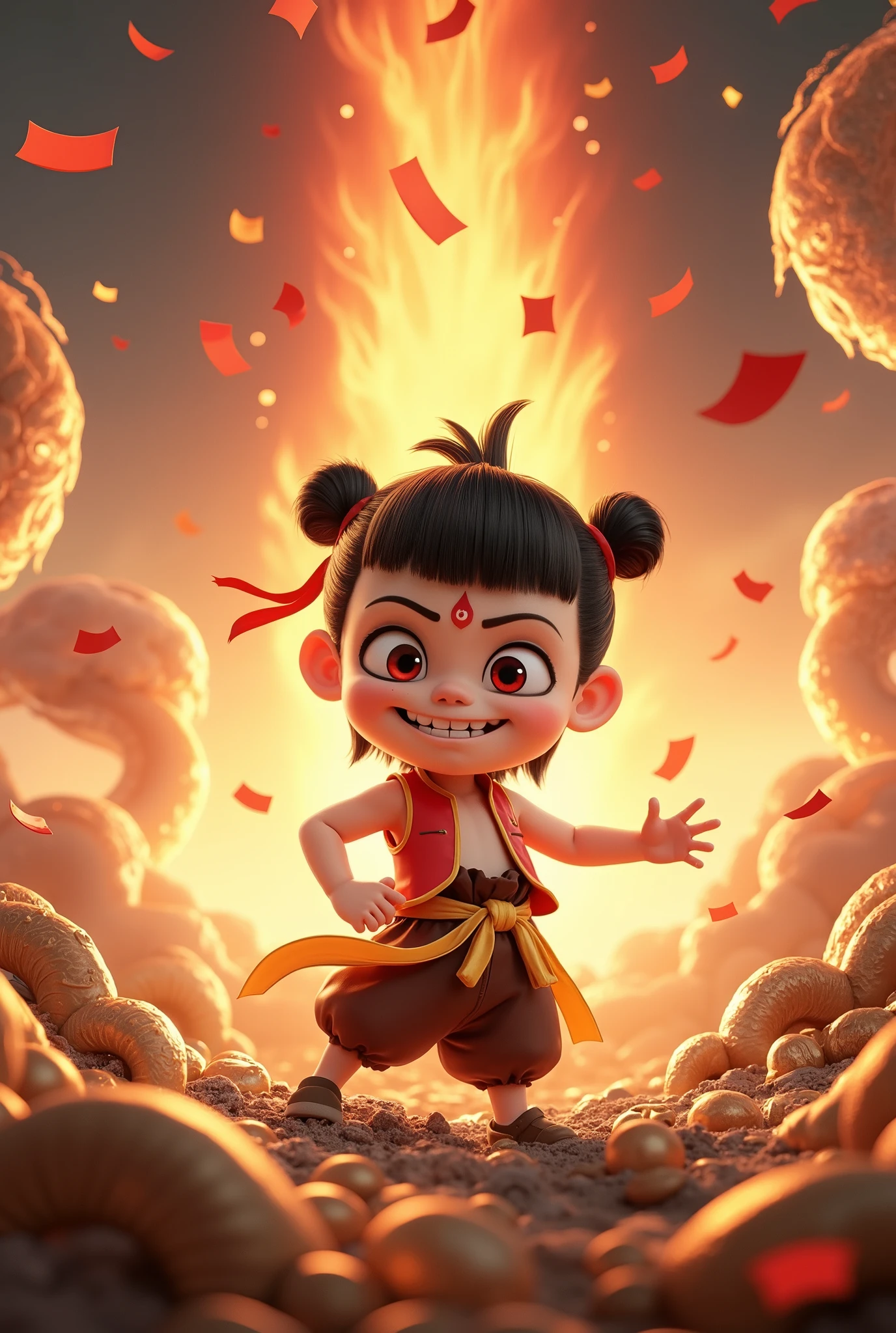 Cartoon girl in a red outfit standing in front of a fire - SeaArt AI