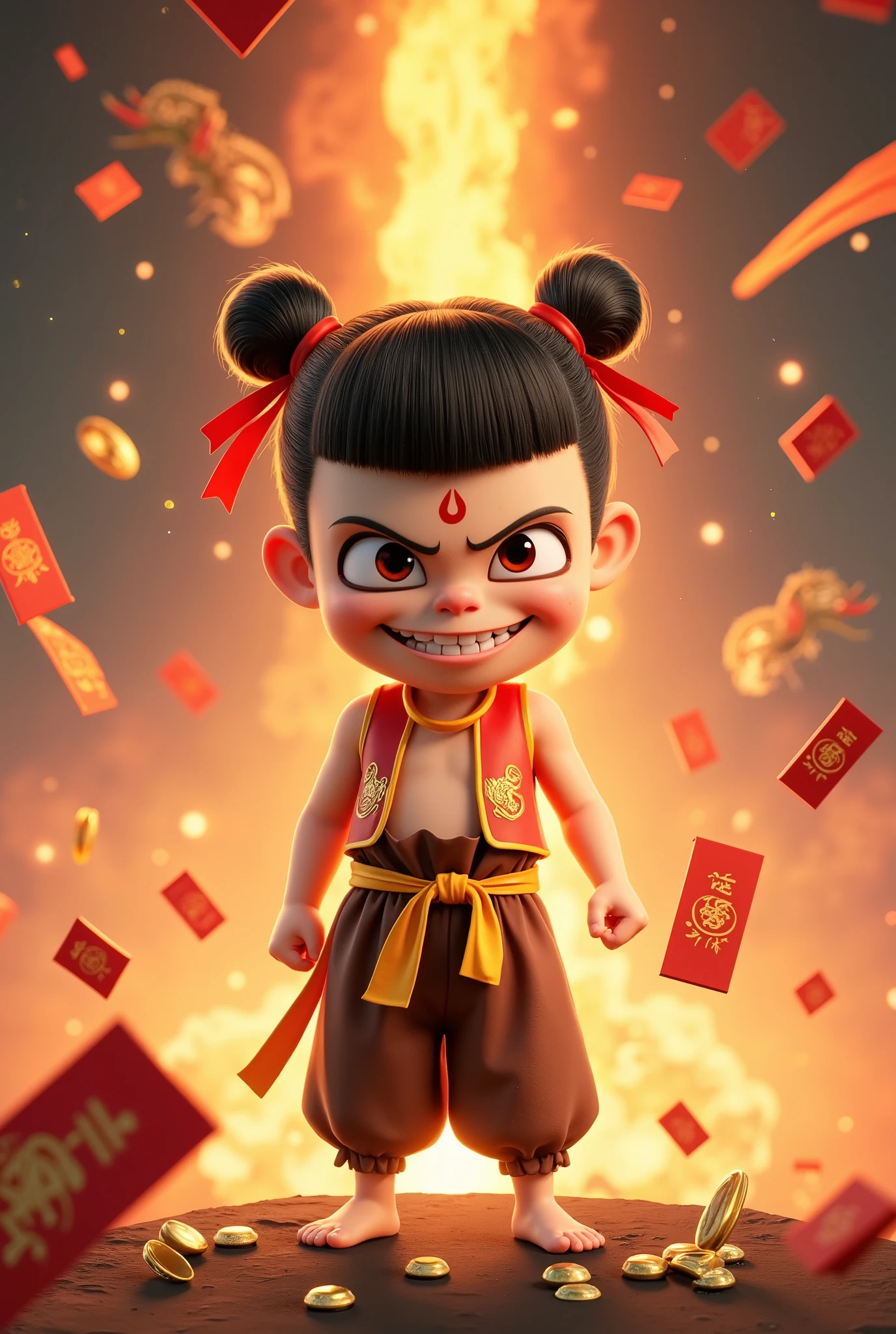Cartoon girl with pigtails and a red bow standing in front of a fire ...