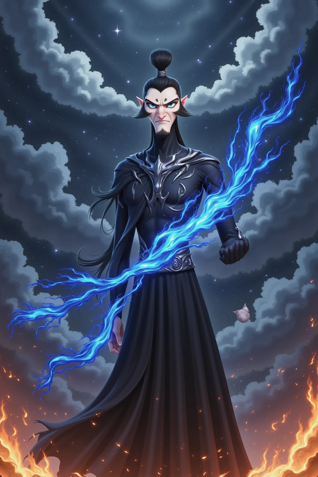 1boy,artist name,beard,black hair,blue eyes,blue fire,burning - SeaArt AI