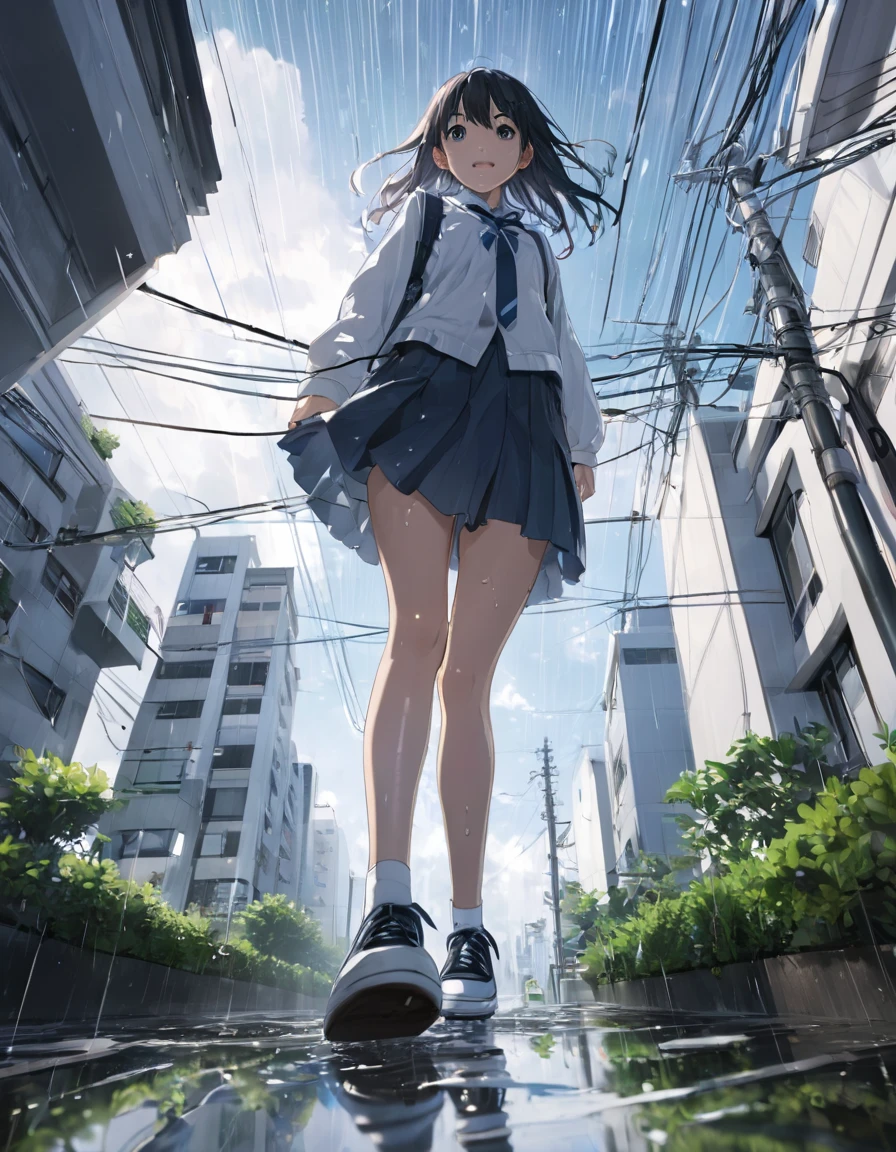 high school girl Ghostwire Tokyo rain puddle from below - SeaArt AI