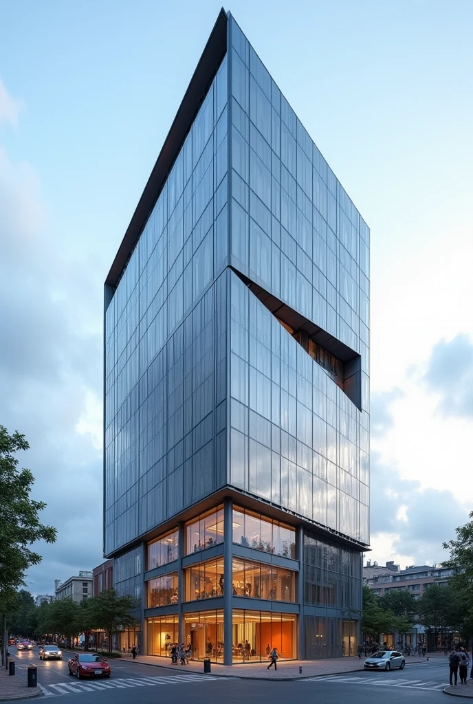 high-tech office buildings， has an angular façade、The shape of a long ...