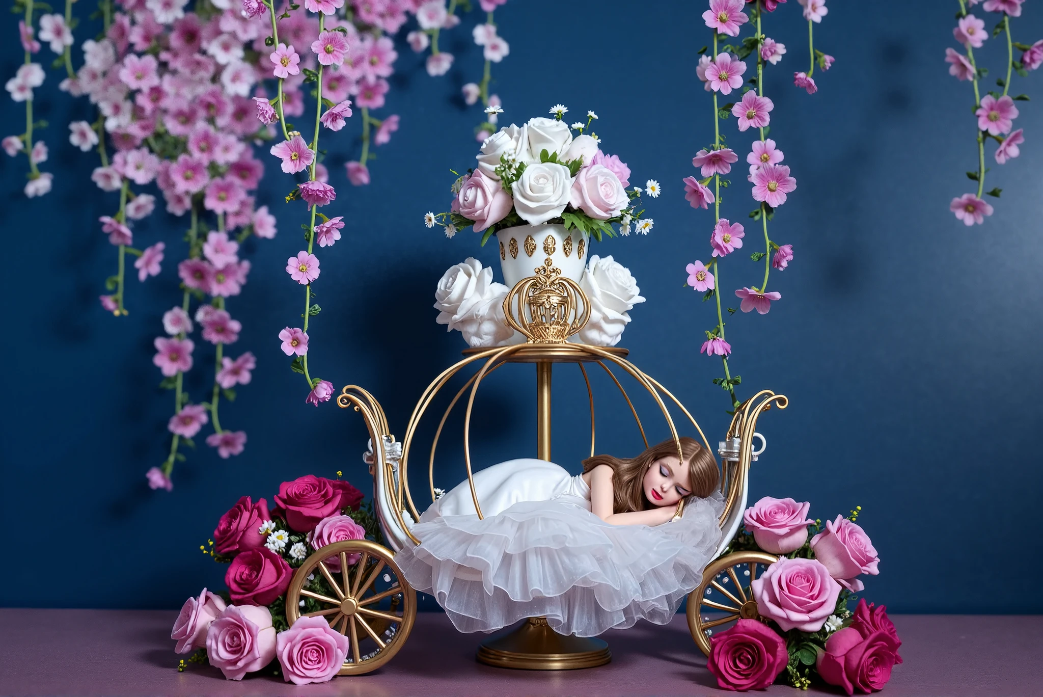There is a little girl laying in a carriage with flowers - SeaArt AI