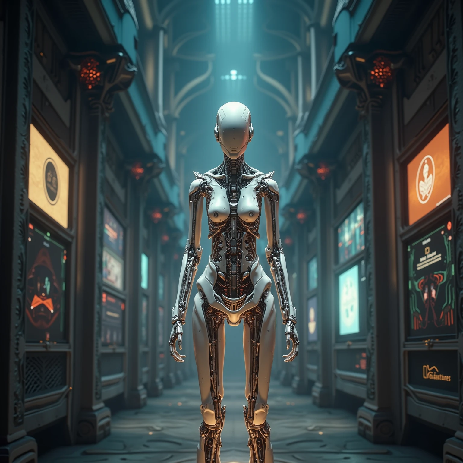 Cybernetic Female Skeleton standing in a Futuristic cyberpunk museum ...