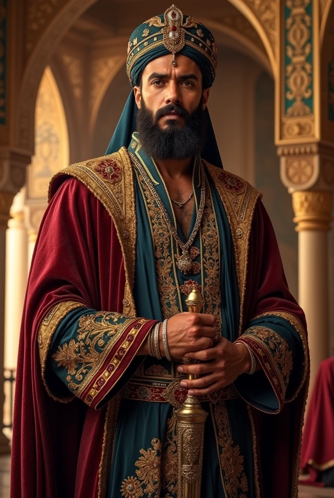 A regal and imposing Prince Shahryar from One Thousand and One Nights ...