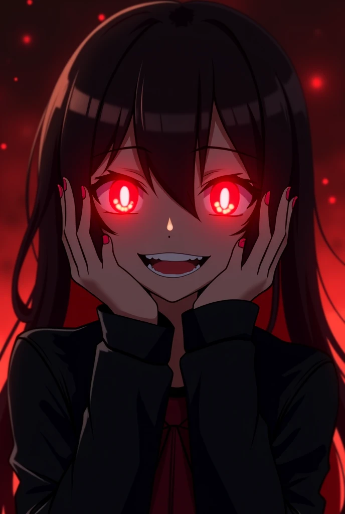 Anime girl with red eyes and a black jacket holding her hands to her ...