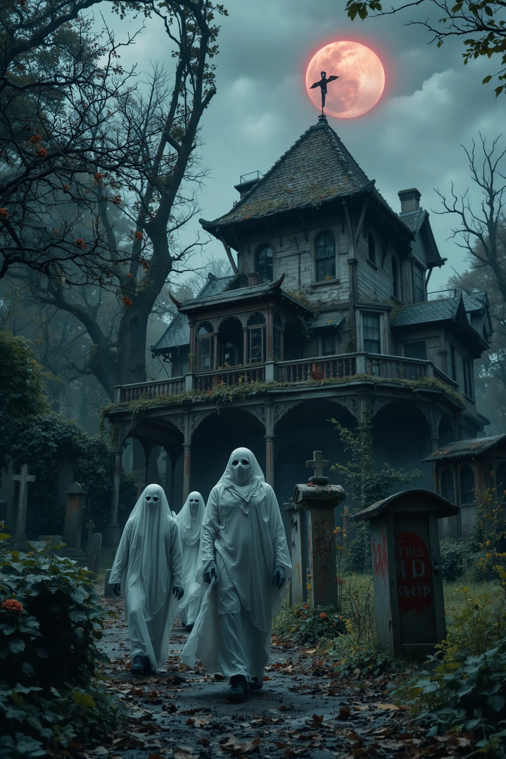 Abandoned amusement park with a haunted house, shrouded in a dark and ...