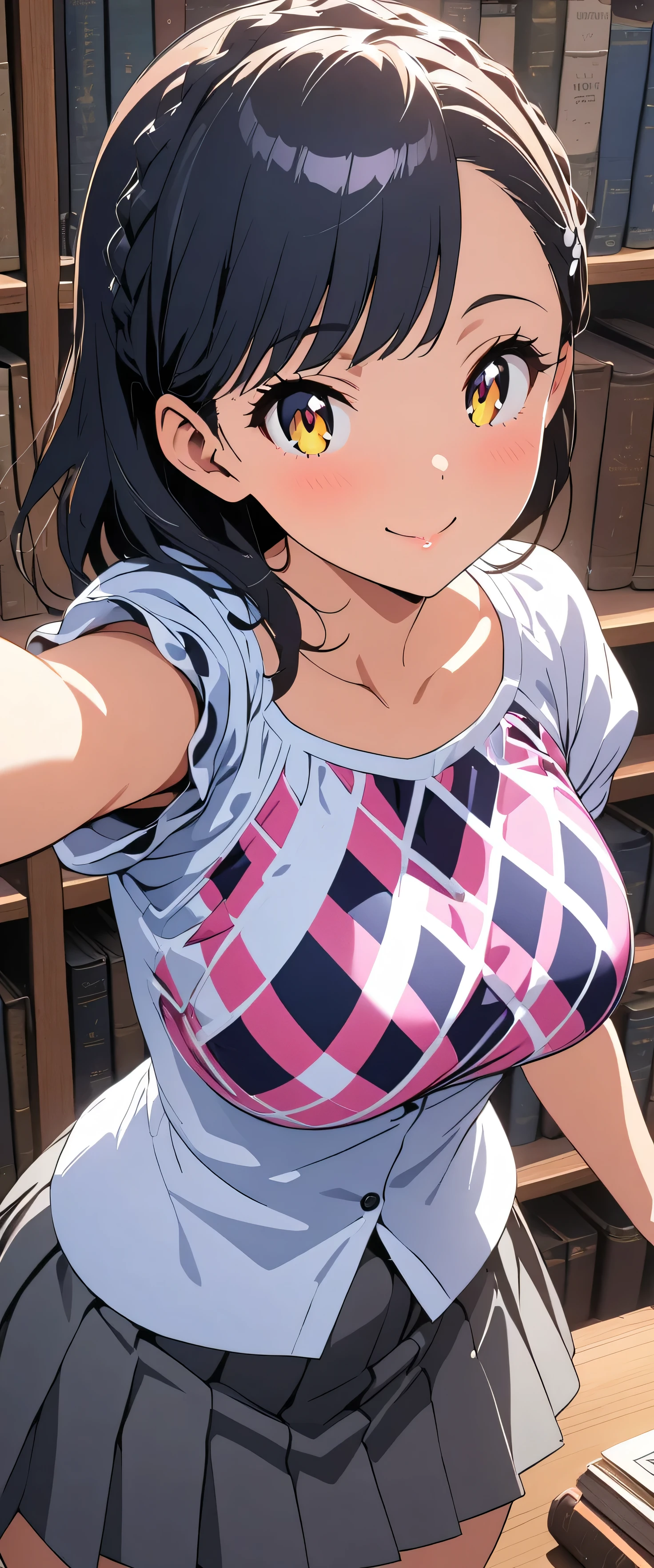 Anime girl in a library with a bookcase and a book - SeaArt AI