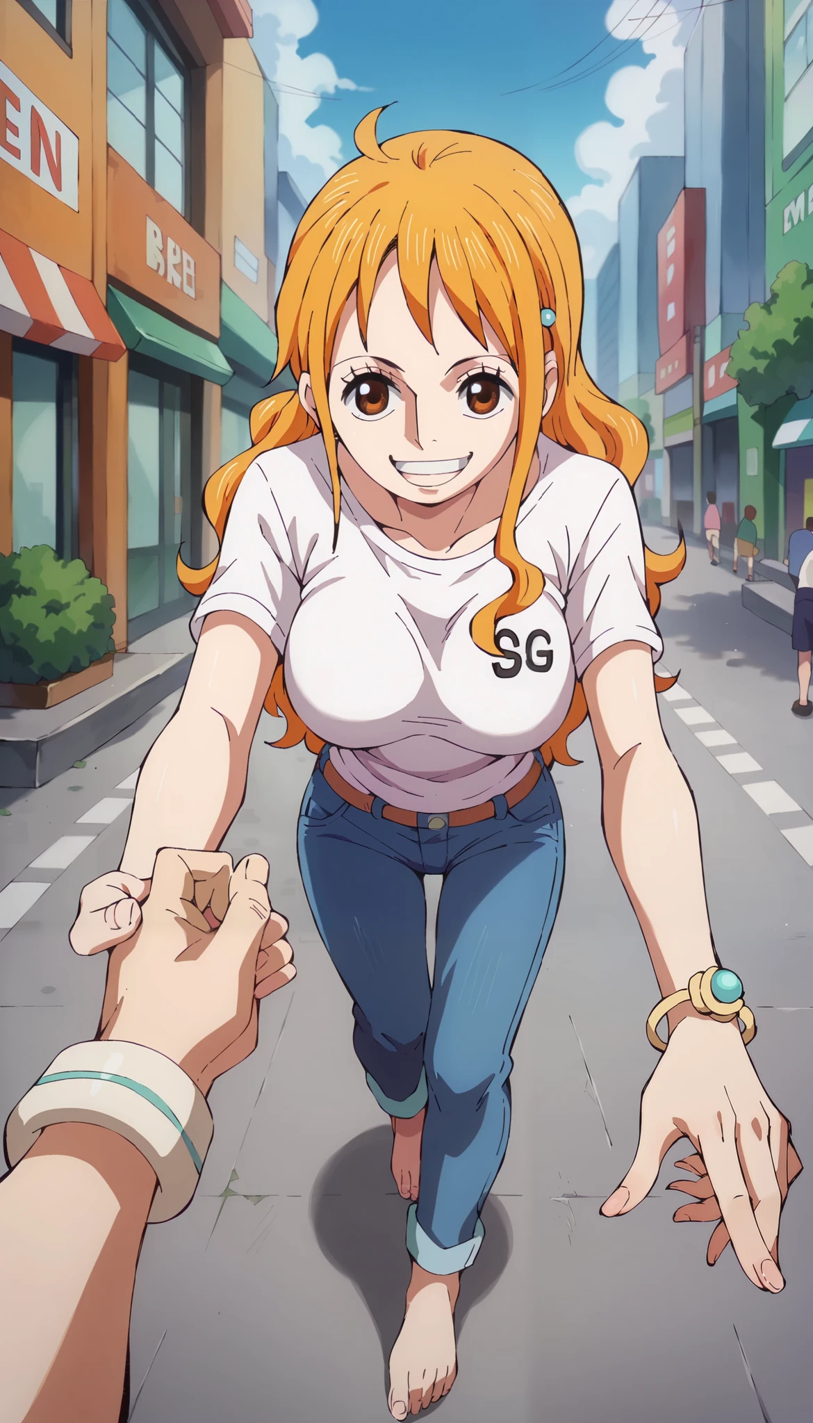 Anime girl with blonde hair reaching out to shake a hand（nami (one ...