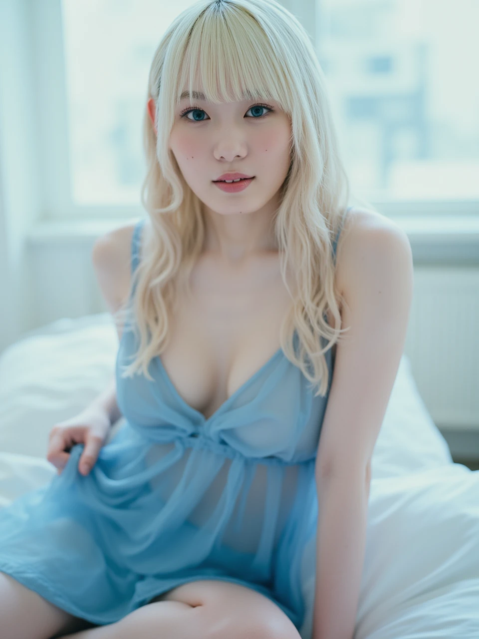 Facial close-up, miichan, A young woamn with long platinum blonde hair and bangs - SeaArt AI