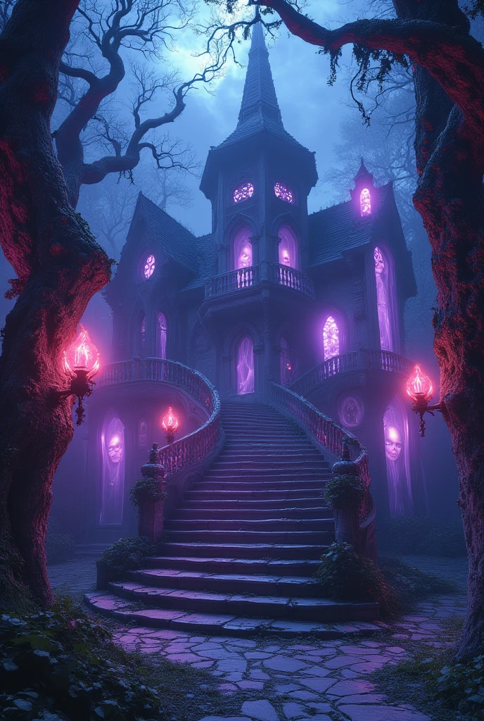 Ghost manor,A dilapidated manor with a Gothic spire，A courtyard with ...
