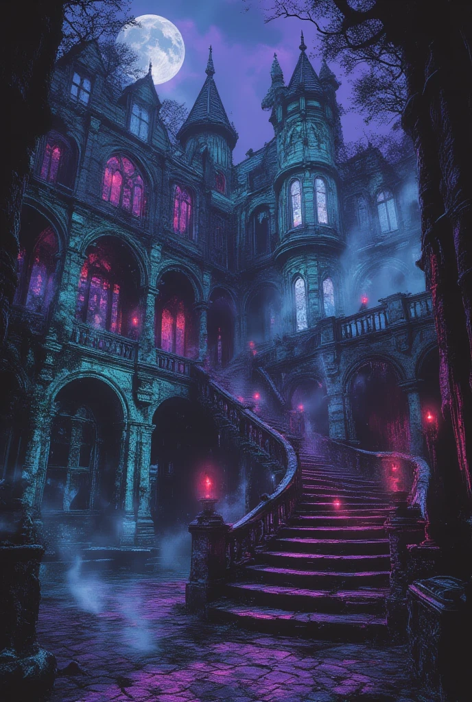 Ghost manor,A dilapidated manor with a Gothic spire，A courtyard with ...