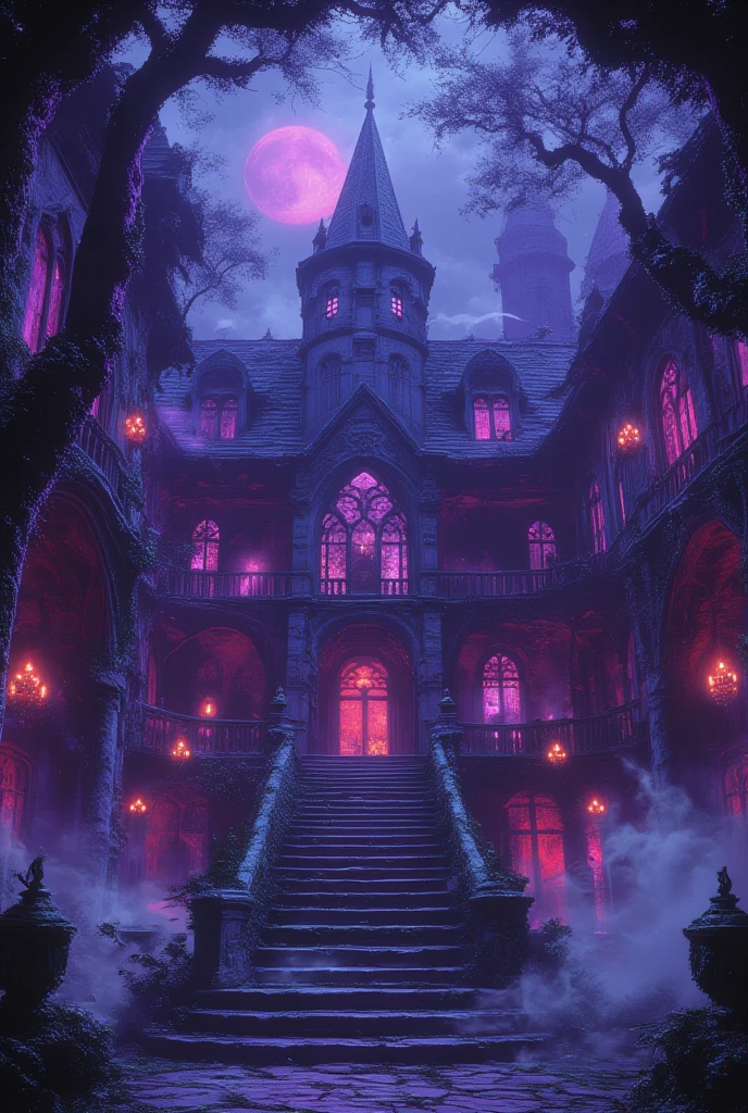 Ghost manor,A dilapidated manor with a Gothic spire，A courtyard with ...