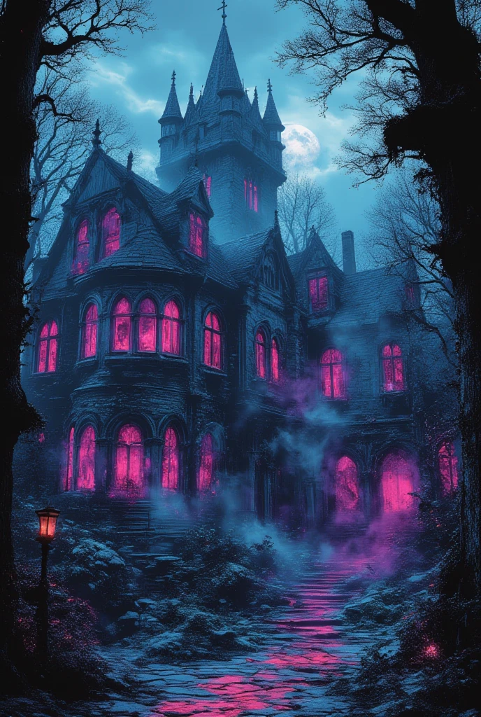 Ghost manor,A dilapidated manor with a Gothic spire，A courtyard with ...