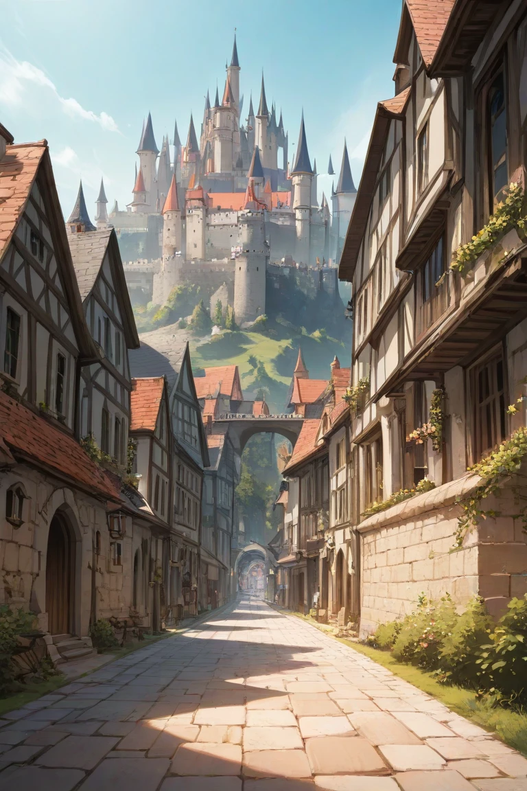 A beautiful medieval kingdom with a large castle in the background and ...