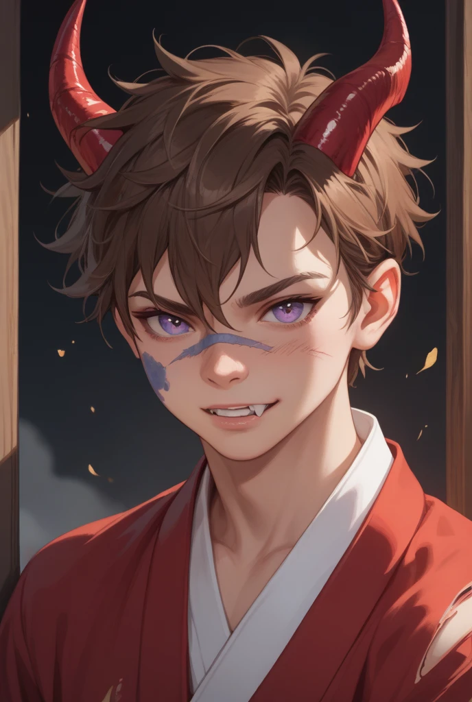 A age demon of good with a very small red horn on her head, messy and ...